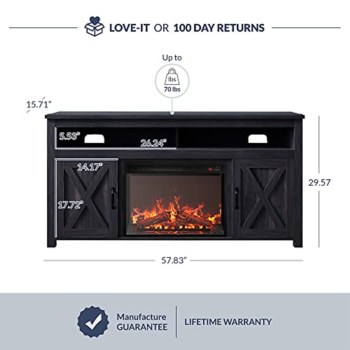 BELLEZE 58" TV Stand with 23" Electric Fireplace, Barn Door TV Stand for TVs up to 60", Wood Entertainment Center with Open Shelves and Cabinets - Corin (Rustic Grey)