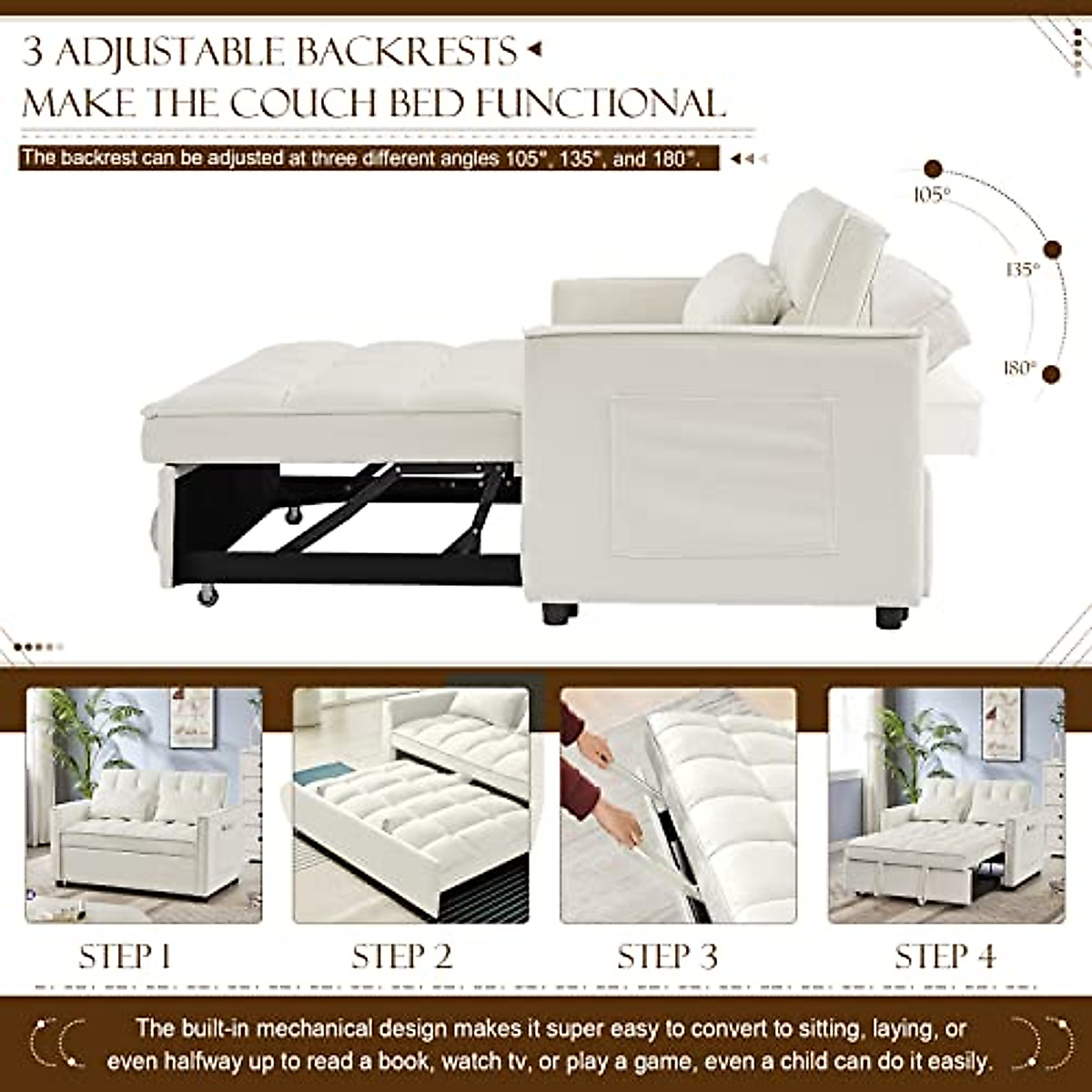 Velvet Pull Out Sleeper Sofa Bed, Convertible Futon Couch Bed with Adjustable Backrests, 3 in 1 Modern Loveseat with 2 Pockets and Pillows, Small Love Seat for Living Room, Guest Room, Off White