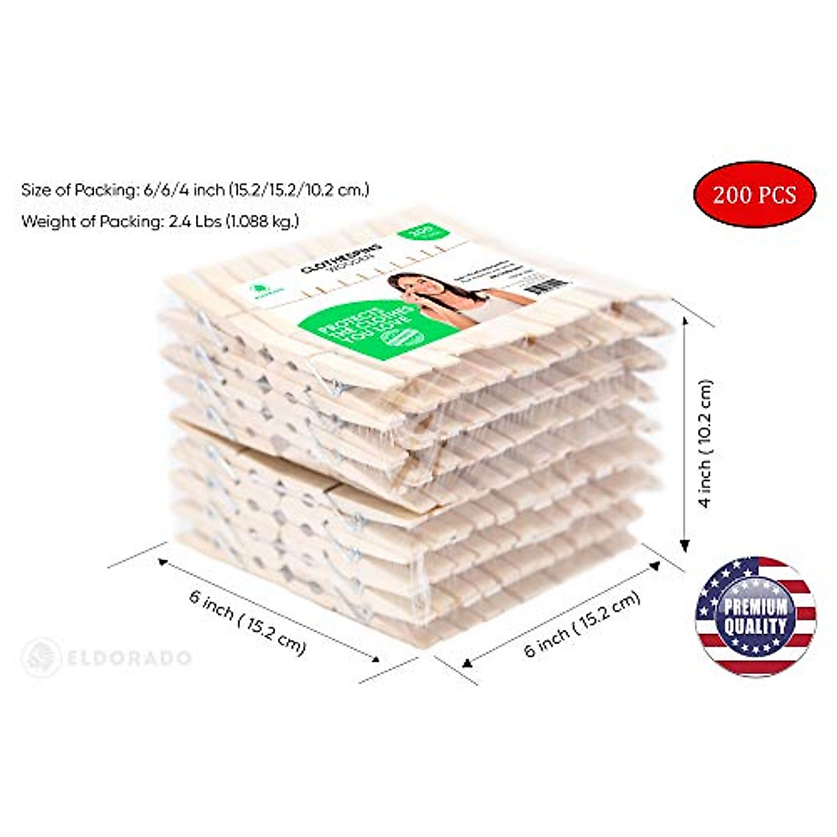 Eldorado Clothespins, Standard Natural Wooden, Stain Proof, 3 inch, 200 Value Pack, for Multipurpose Everyday Laundry, Clothes, Towels, Craft, Photos, Pictures, Decor, Baby Shower, Art Wall