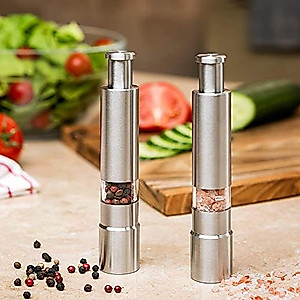 jessie Salt and Pepper Grinder, Thumb Press Grinder, Stainless Steel Salt Pepper Mill for Home Kitchen (Silver spring built-in single)