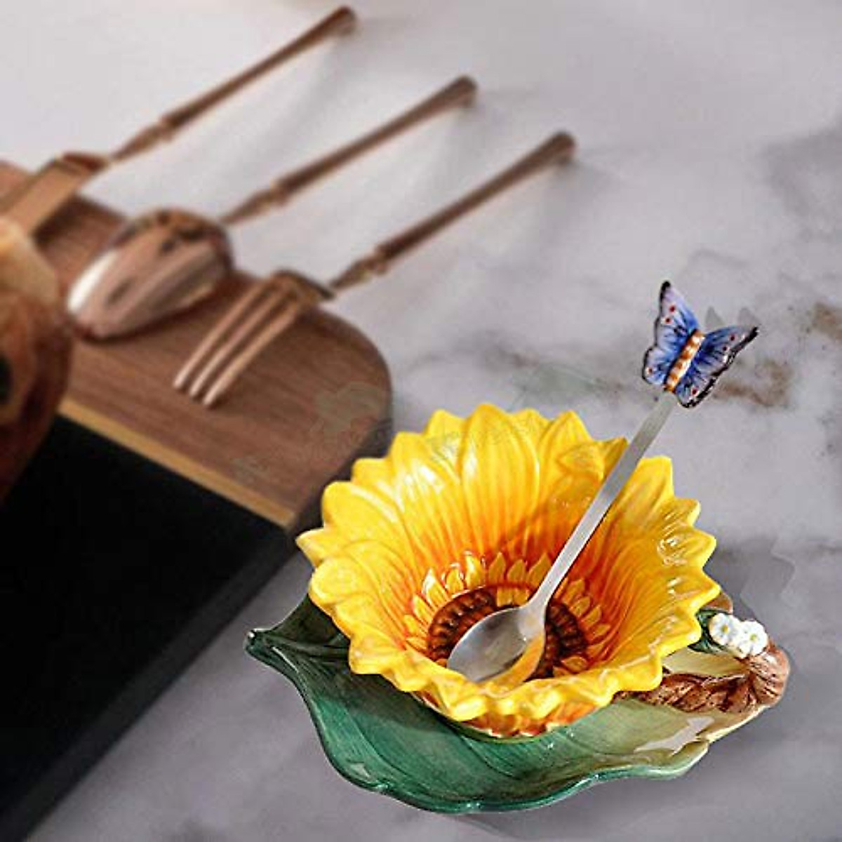 Ceramic Tea Cup with Saucer Matching Spoon Set,Sunflower Enamel Porcelain Mugs Ceramic Coffee Cup Home Decor Porcelain Butterfly Spoon