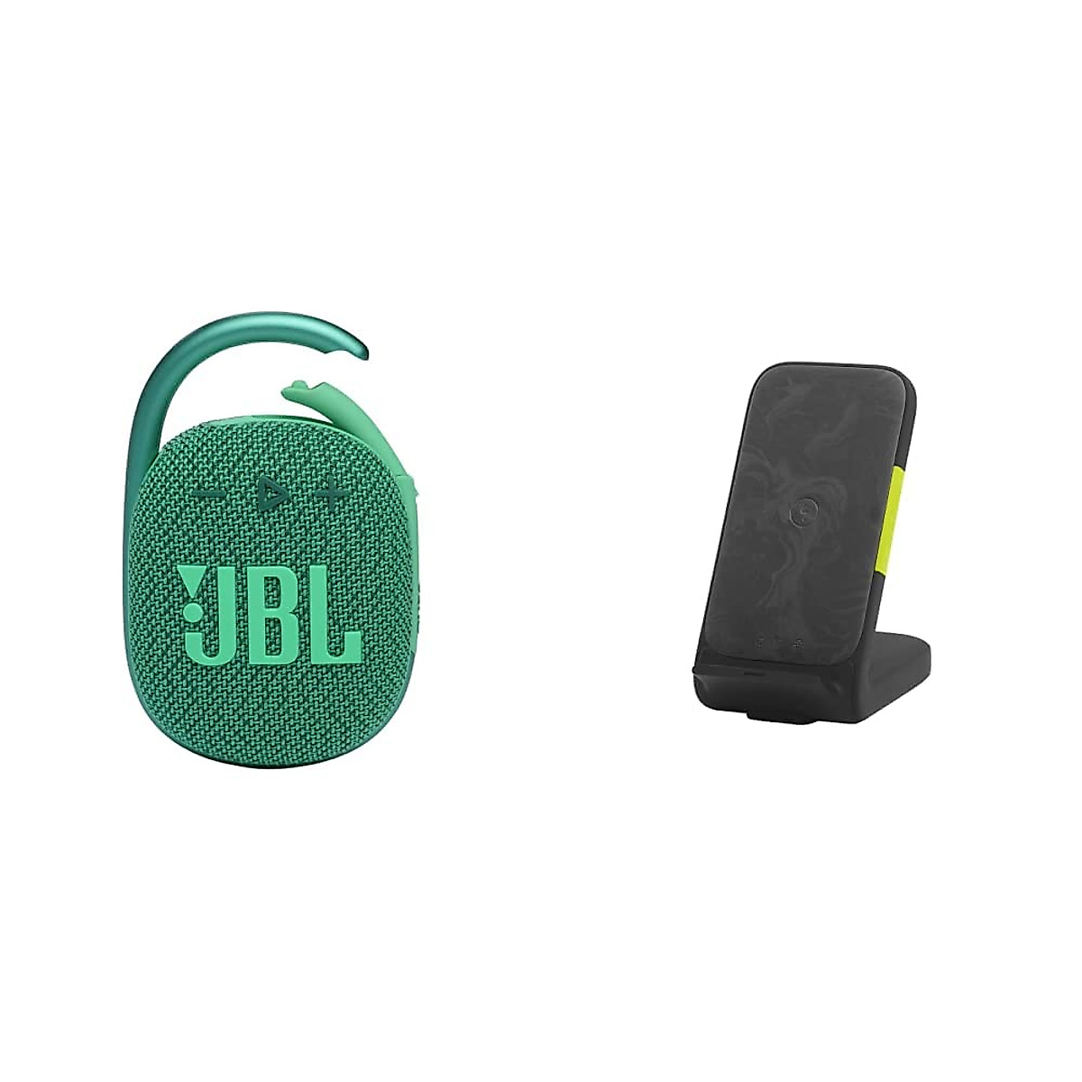 JBL Clip 4 Eco - Ultra-Portable Waterproof Speaker (Green) and InfinityLab InstantStation Wireless Stand 33W PD USB-C and USB-A Compact Fast Charging Wireless Charger (Black)