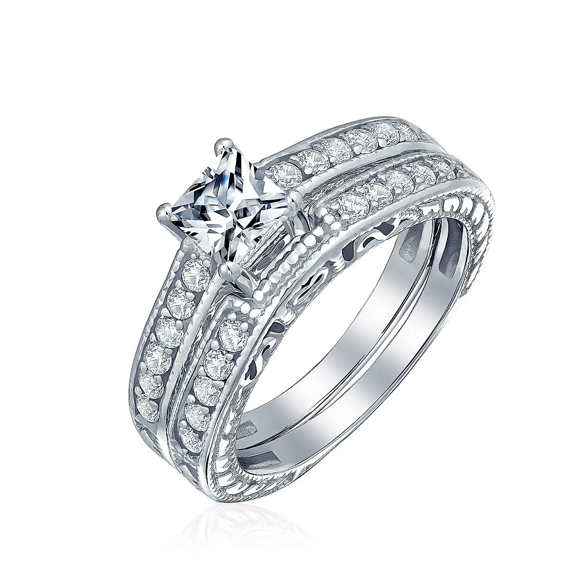 1.25CT Vintage Style Milgrain Simulated Blue Sapphire Alternating Three Stone Princess Solitaire AAA CZ Anniversary Engagement or Wedding Ring Set For Women .925 Sterling Silver