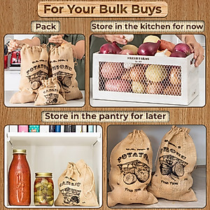 LoadedSpoon Potato and Onion Storage Bin – Garlic Storage, Handcrafted Farmhouse Kitchen Wooden Crate Box, 3 pk Jute Vegetable Storage Bags, Onion and Potato Storage for Pantry or Countertop (White)