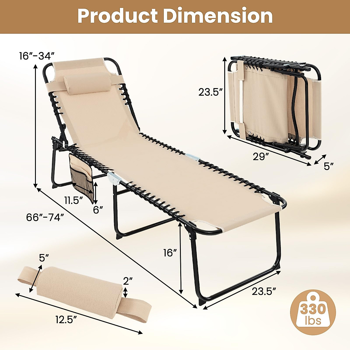 GYMAX Lounge Chairs for Outside, Extra High Folding Beach Tanning Lounger with Adjustable Backrest, Footrest & Removable Pillow, Sunbathing Lounge for Patio, Poolside (1, Sand with Pocket)