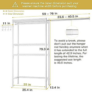 Ulif U4 Over Washer and Dryer Storage Shelf, 2 Rows Laundry Room Space Saver with Mounted on The Wall Expandable Hanger Rod, Suit Space from 4.9-6.3 ft. Width, 13.4" Depth, 79.3" Height, White