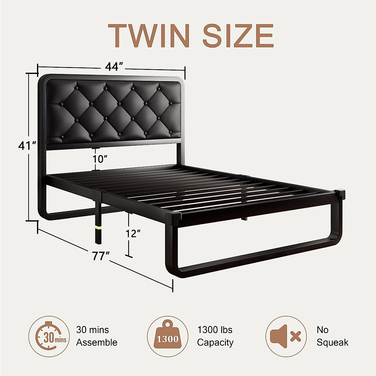 Einhomn Metal Twin Bed Frame with Button Tufted Upholstered Headboard, Curved Platform Bed Frame with 12 Inch Under Bed Space, Strong Heavy Duty Slats, No Box Spring Needed, Noise-Free, Black