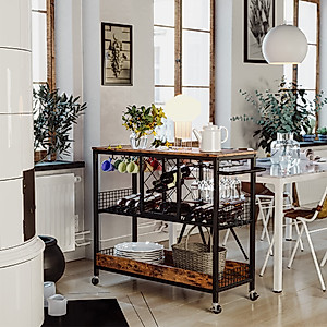 IRONCK Bar Cart, Serving Cart with Wine Rack Glasses Holder Kitchen Cart on Wheels Wood and Metal Frame, Vintage Brown