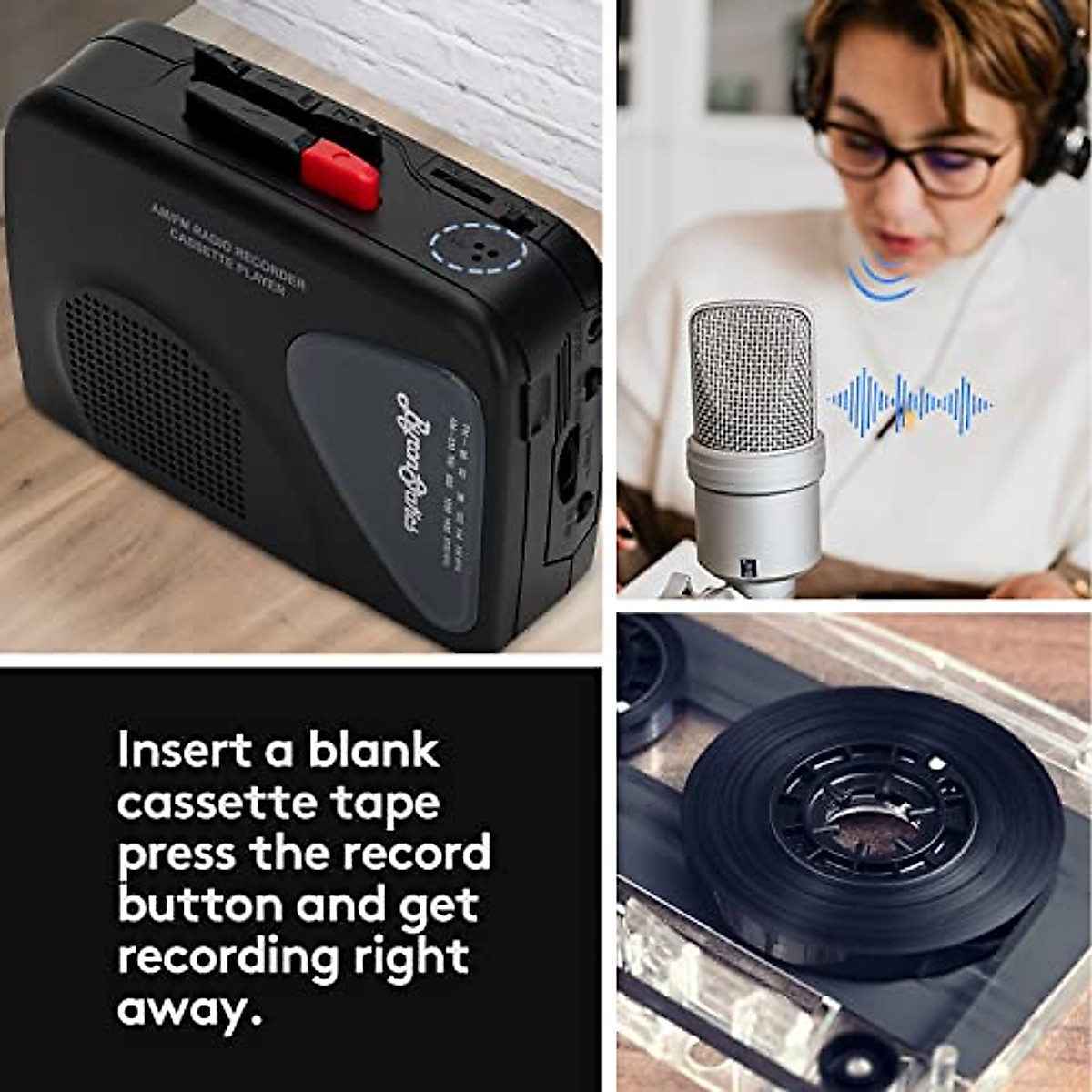 ByronStatics Portable Cassette Players Recorders FM AM Radio Walkman Tape Player Built In Mic External Speakers Manual Record VAS Automatic Stop System 2AA Battery Or USB Power Supply Headphone Black