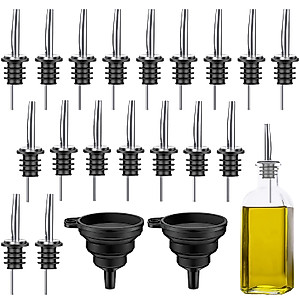 Liphontcta 18 Pcs Olive Oil Spouts Stainless Steel Oil Pourer Spouts Olive Oil Dispenser Spout Metal Oil Bottle Stopper with 2 Pcs Silicone Funnels for Wine Liquor Vinegar Syrup