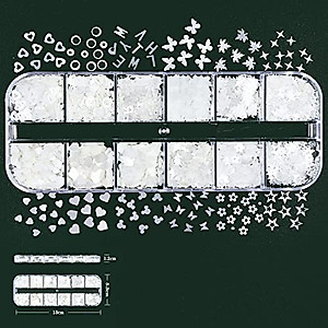 12 Grids White Nail Art Glitter Sequins 3D Holographic Heart,Star, Letter,Butterfly,Glitter Sequins Confetti Nail Decals Decorations for Women Girls Eye Face DIY Sequins for Crafts Supplies Set