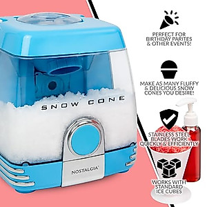 Nostalgia Snow Cone Shaved Ice Machine - Retro Table-Top Slushie Machine Makes 30 Icy Treats - Includes 2 Pump Syrup Bottles, 2 Reusable Plastic Cups & Ice Scoop - Blue