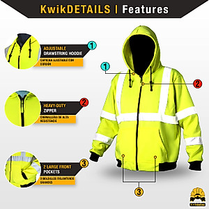 KwikSafety - Charlotte, NC - PATROL Safety Jacket [NO FUZZ Balls] Class 3 ANSI Tested OSHA Compliant Reflective Mens Fleece Hoodie/Yellow XL