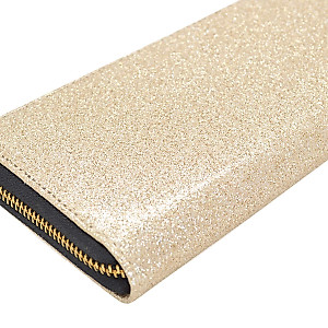 Premium Glitter Bling Smooth Vegan Leather Continental Zip Around Wallet, Gold