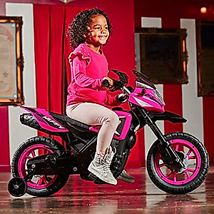 Huffy 6V Kids Electric Battery-Powered Ride-On Motorcycle Bike Toy w/Training Wheels, Engine Sounds, Charger - Pink, 17078P