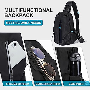 KEYEMP Small Sling Crossbody Bag Backpack Waterproof Lightweight Shoulder Travel Hiking Chest Bags with USB Charging Port for Men Women, Black