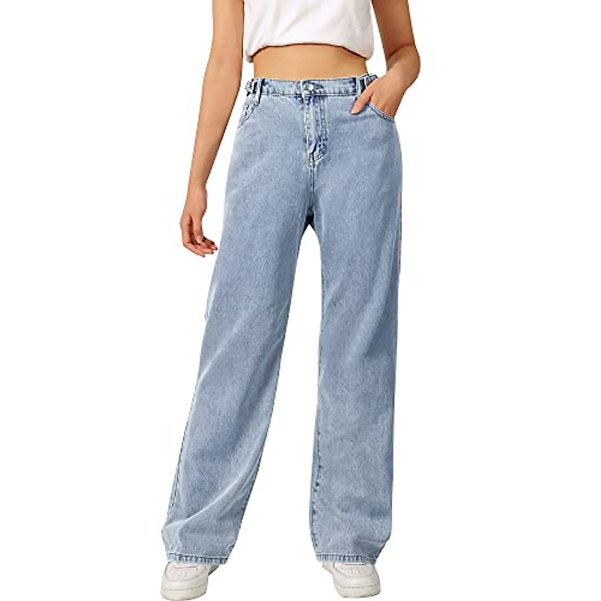 SANGTREE Girls Wide Leg Jeans Elastic Waist Denim Pants Baggy Jeans for Girls, Light Blue, 13-14 Years = Tag 170