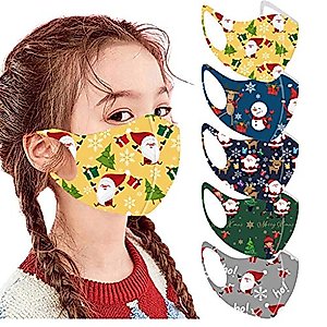Mallocat 5PC Kids Face_Masks Christmas Print Breathable Seamless Reusable Washable Cotton Cloth Face Bandanas Shields Protective for Children Students Back to School