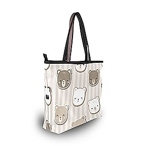 Cute Bear Heads Tote Bag Aesthetic, Large Capacity Zipper Women Grocery Bags Purse for Daily Life 2 Sizes