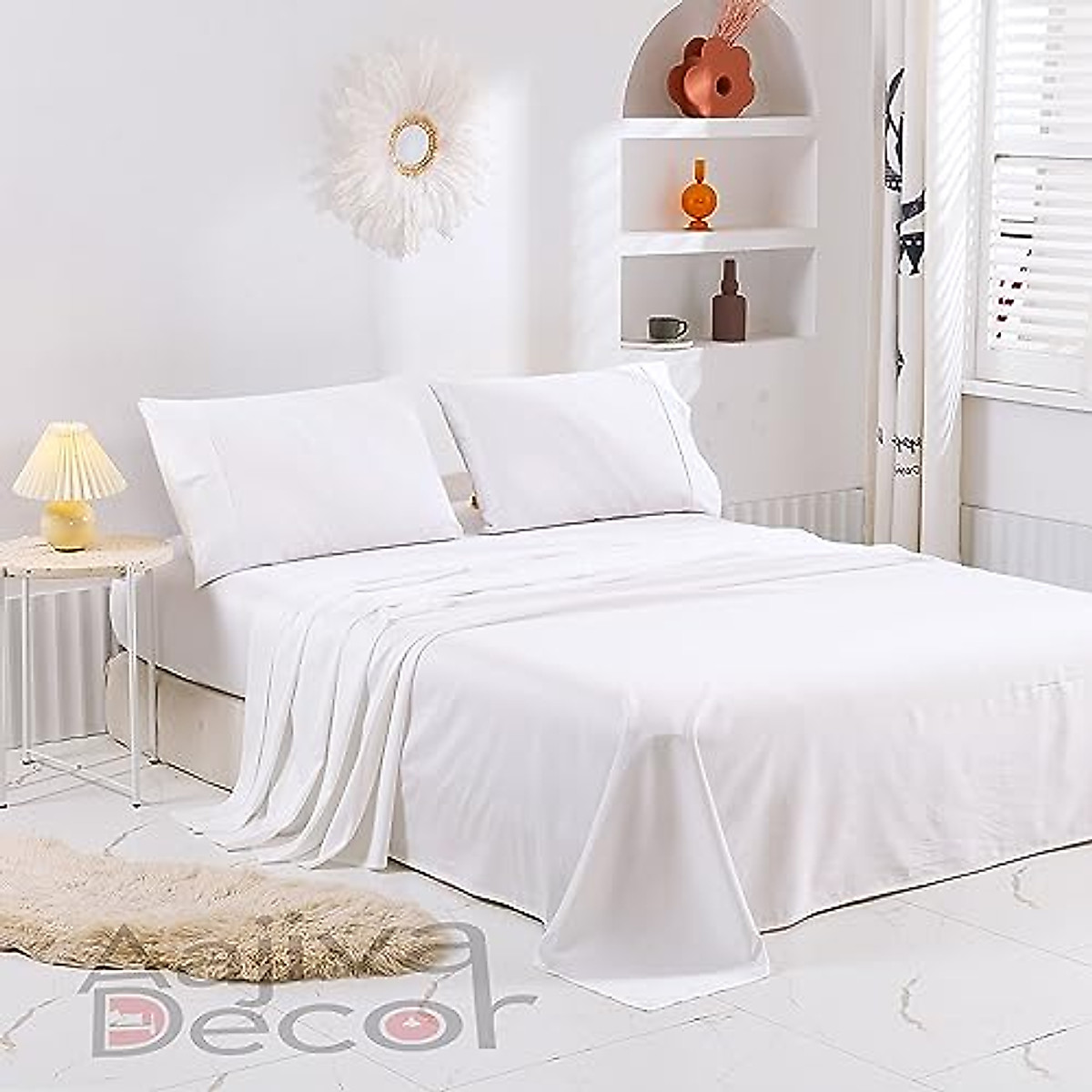 AAJIVA DECORE - 100% Egyptian Cotton Durable Bed Sheets- 600 Thread Count 4 Piece King Size White Sheet Set Sateen Weave Long Staple Cotton Bedding Hotel Fits Upto 16" Mattress White