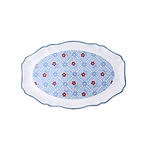 Creative Co-Op 15.25" Floral Stoneware Blue Scalloped Rim Platter