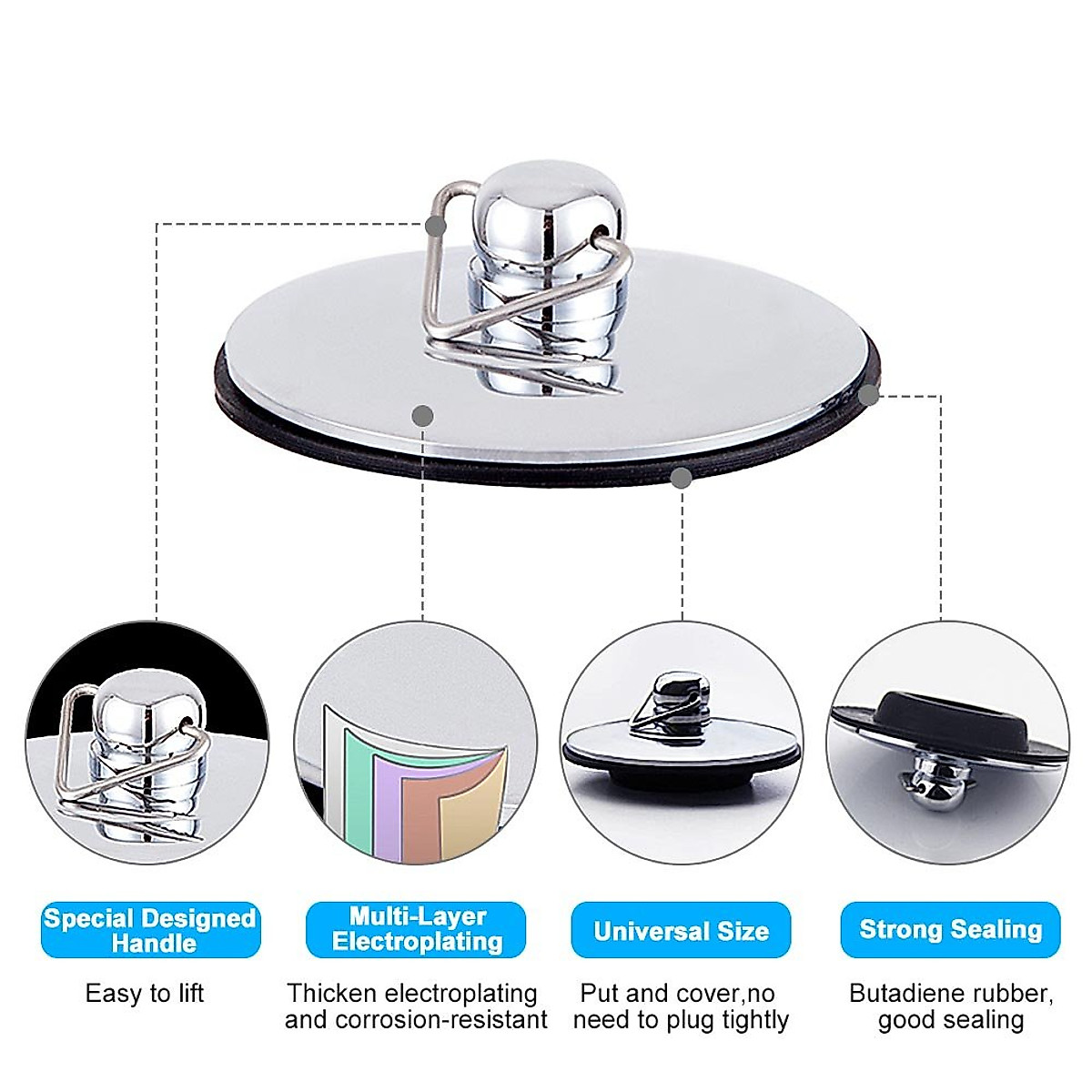 Fdit Tub Stopper, Drain Stopper Bathroom Sink Bathtub Accessories Hair Catcher Trap Strainer, Drain Cover Stopper for Kitchen Sink Bathroom Bathtub, Solid Metal Waste Plug with Chain