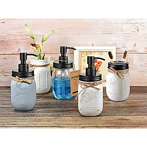 Komashr Mason Jar Bathroom Accessories Lids Set(4pcs) - Jars Not Included - Soap Dispenser,Toothbrush Holder, Apothecary Jars Lids for Regular Mouth Mason Jars - Rustproof Stainless Steel，Black