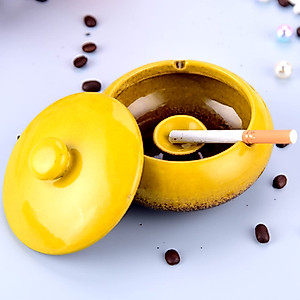 Outdoor Ashtray with Lid & Ceramic Ashtrays for Cigarettes, Round Cute Porcelain Ash Tray Pottery Smoking Holders Indoor Outdoor Patio Home Office Cool Rolling Décor-LAUYOO (Glazed Yellow)