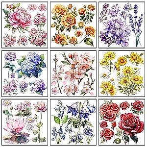 Heflashor 9 Sheets Flower Rub on Transfers,5.9 x5.9 Inch Flower Rub on Transfer Stickers for Crafts and Furniture, Classic Vintage Floral Decals for Furniture Home Office Paper Wood DIY Crafts