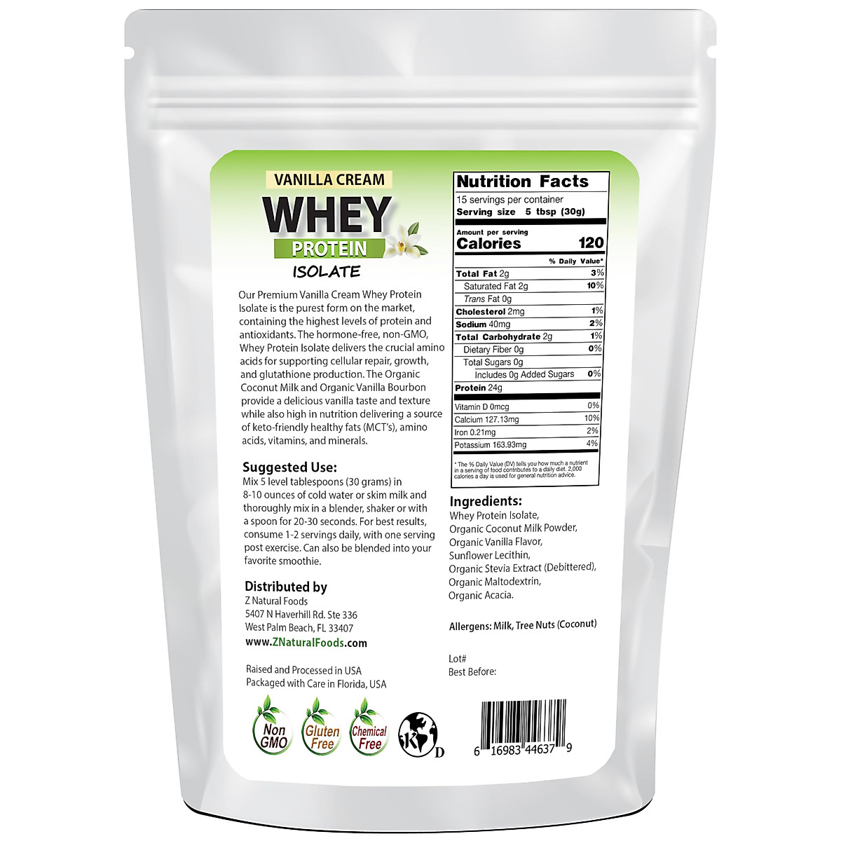 Z Natural Foods Vanilla Cream Whey Protein Isolate, Nutrition-Rich, Flavorful Protein Powder for Heart Health and Immunity, Great in Tea, Coffee, Smoothie, Non-GMO, Gluten-Free, Kosher, 1 lb.