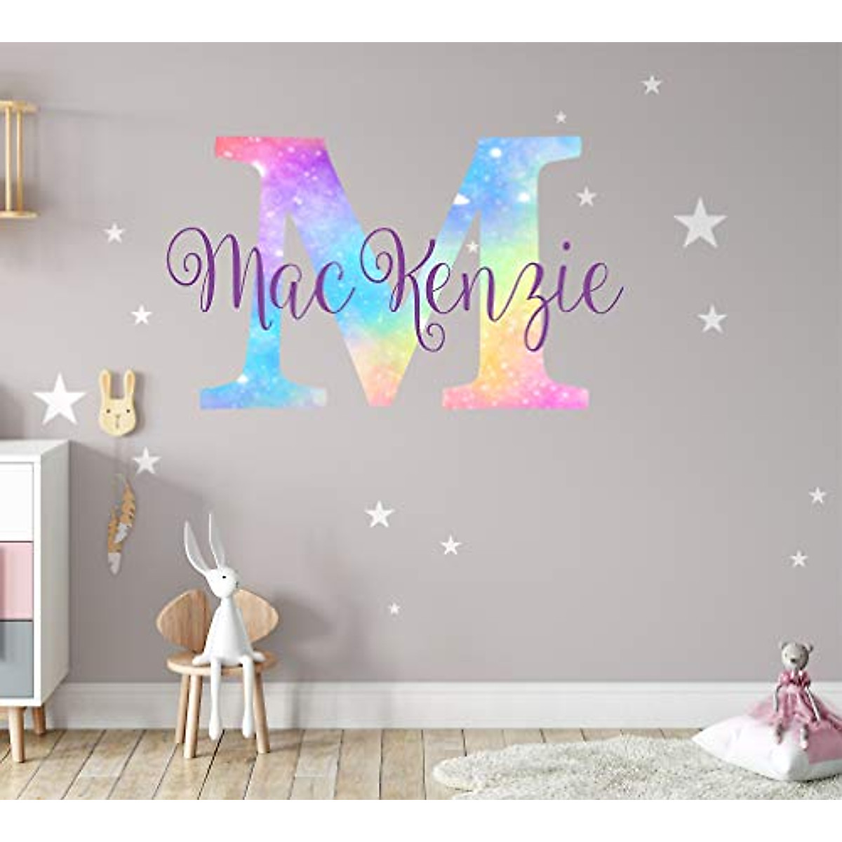 Girls Nursery Shimmer Rainbow Printed Initial and Stars Custom Personalized Name and Initial Vinyl Wall Decal, Decor for Babies Wall Sticker (Large)