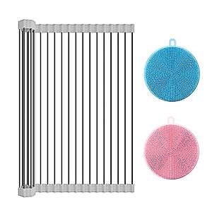 Large 21" x 16" Multipurpose Foldable Stainless Steel Roll Up Dish Drying Rack Over The Sink Kitchen Dish Drainer Rack and 2pcs Silicone Dish Brush (Gray)
