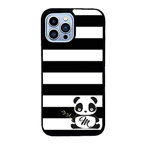 Black and White Bars Panda Personalized Apple iPhone Black Rubber Phone Case Compatible with iPhone 14 Pro Max, Pro, Max, iPhone 13 Pro Max Mini, 12 Pro Max Mini, 11 Pro Max X XS Max XR 8 7 Plus