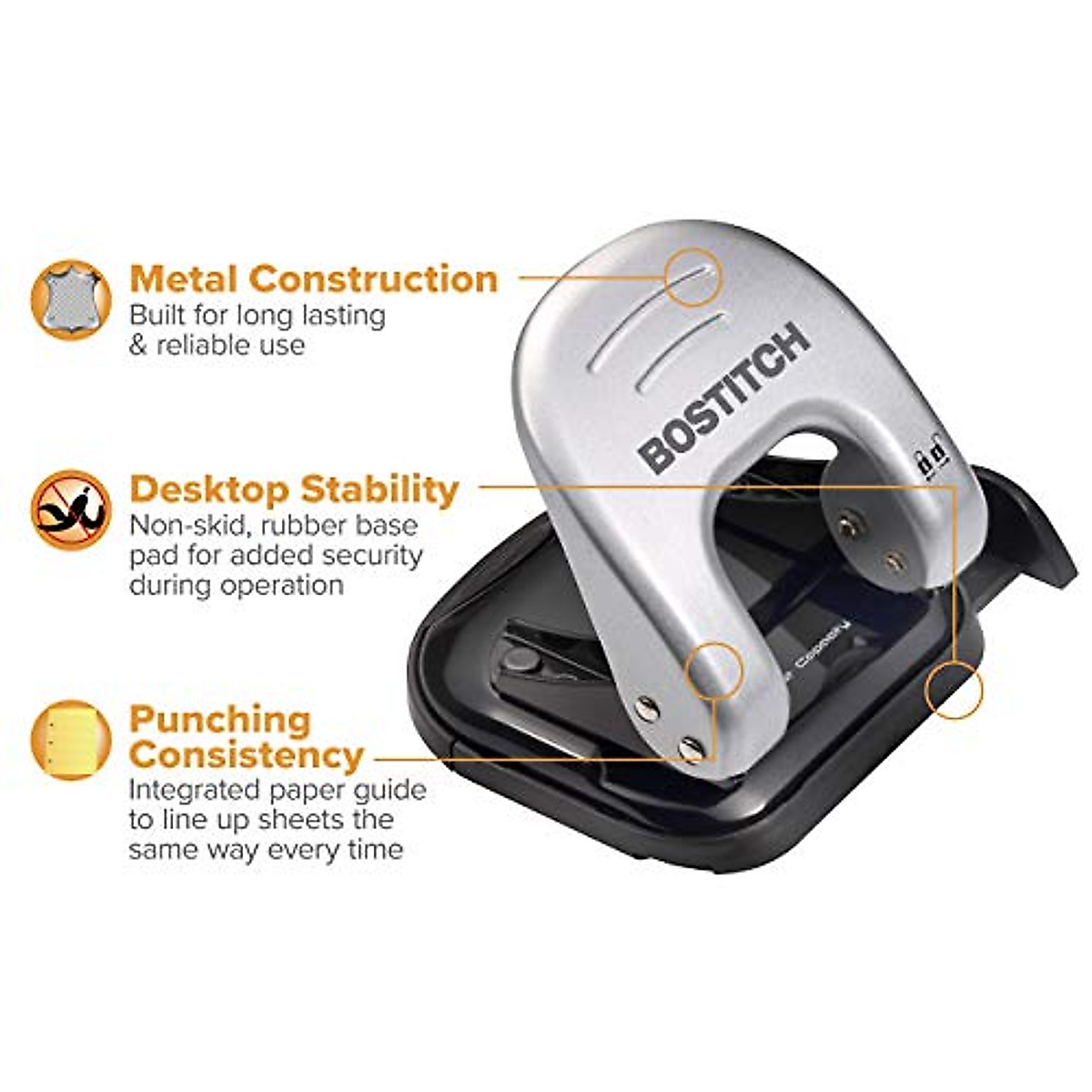 Bostitch Office EZ Squeeze Reduced Effort 2-Hole Punch, 20 Sheets, Locking Handle, Silver (2310)