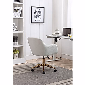 DBXII Modern 360°Swivel Velvet Office Chair Mid-Back Desk Chairs with Wheels Adjustable with Side Arms Gold Metal Base Cute Desk Chair for Bedroom, Home Office, Vanity Room (White Teddy + Wool)