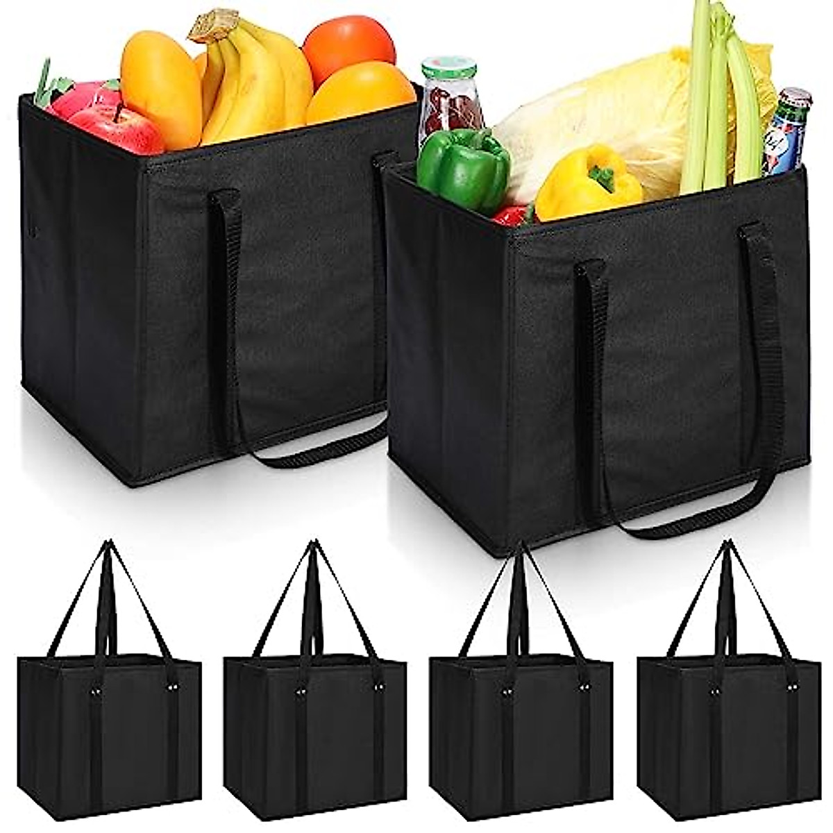 Silkfly 6 Pcs Reusable Grocery Bags with Sturdy Cardboard Bottom and Handles Large Heavy Duty Washable Shopping Tote Bags Bulk Utility Foldable Storage Bins Basket for Food Cart Clothes, Black