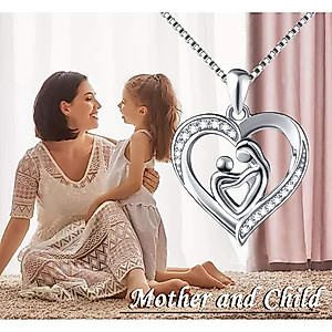 DAOCHONG Mother Holding Child Sterling Silver Mothers Love Heart CZ Pendant Women Necklace 18 inches