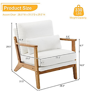 Karl home Accent Chair Wide Armrest Mid-Century Lounge Chair Teddy Fleece Armchair with Lumbar Pillow & Solid Wood Frame for Living Room, Bedroom, Balcony, White