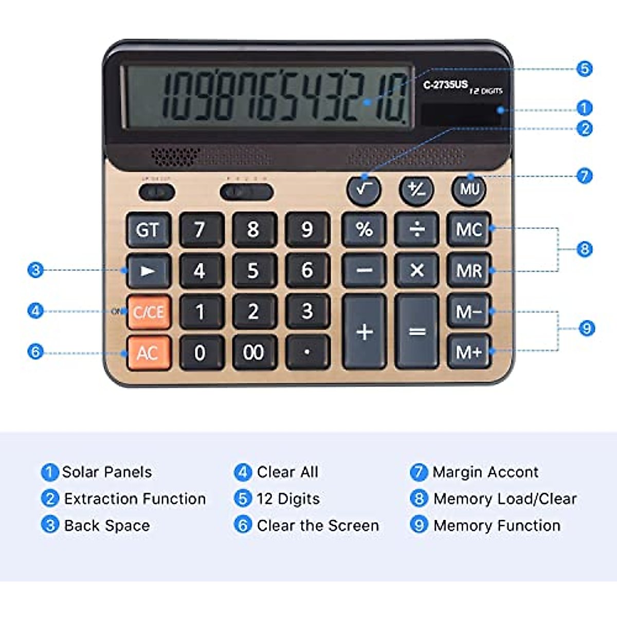 Calculator, Solar Battery Calculator Dual Power Large Standard Function Desktop Business Calculators, 12-Digit LCD Display Big Number Electronics Calculator for Office Finance School Student