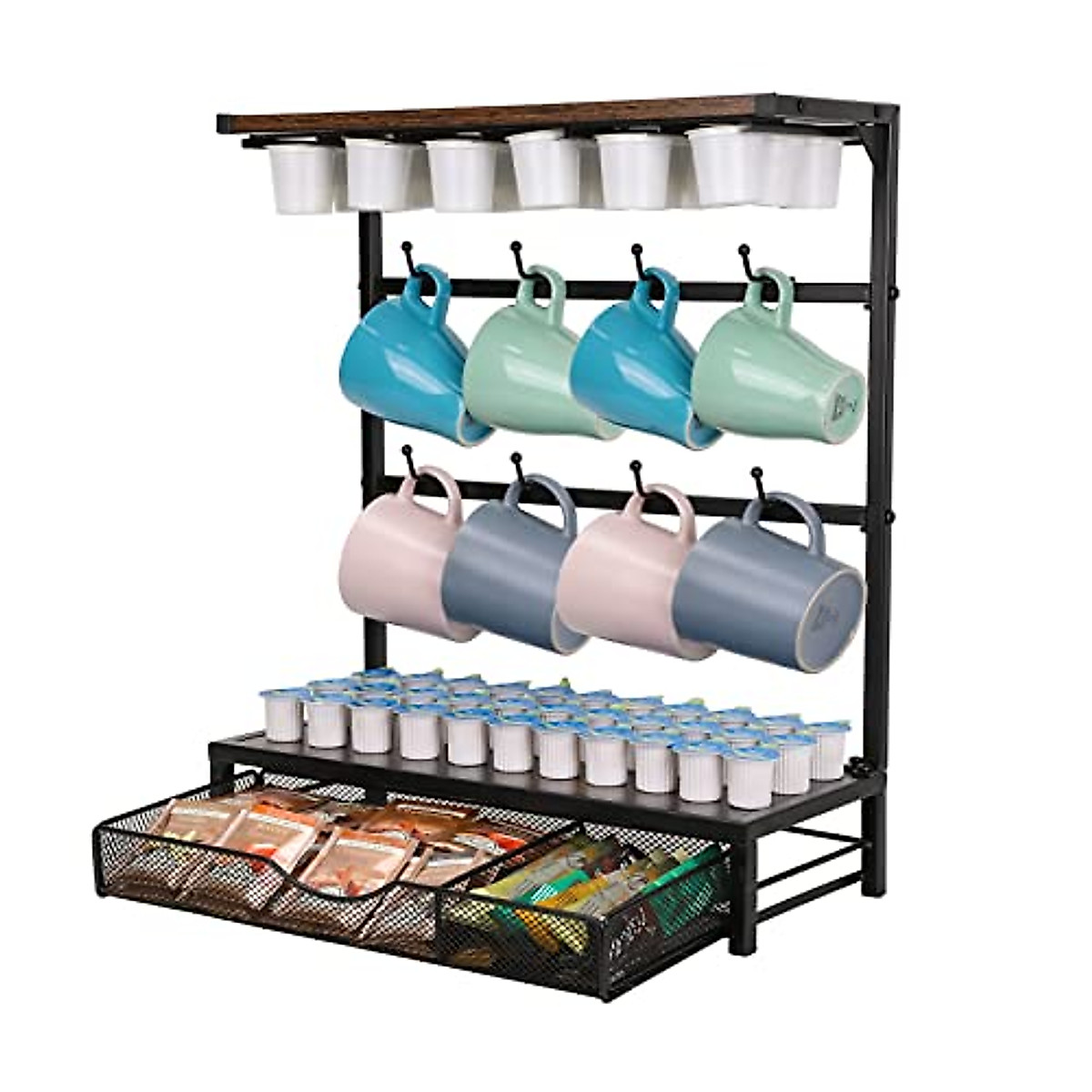 TQVAI Coffee Pods Drawer with Mug Hooks, 50 Capacity Coffee Pod Holder, Coffee Station Organizer for K Cups, Tea Bags, Espresso Capsule Coffee Creamer, Black/Archaize