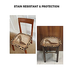 Animal Skin Texture Seat Covers for Dining Room Chairs Set of 6, Square Removable Washable Chair Protector, Anti-Wrinkle Seat Cushion Slipcovers for Kitchen Leopard Print High Heels