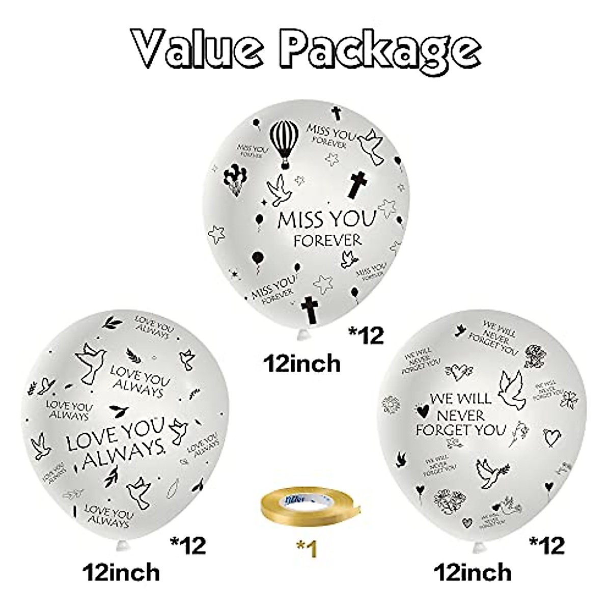 PANTIDE 37Pcs Memorial Balloons Set White Remembrance Funeral Celebration of Life Biodegradable Latex Balloon with Ribbon Miss You Forever Love You Always We Will Never Forget You Balloons Decorations