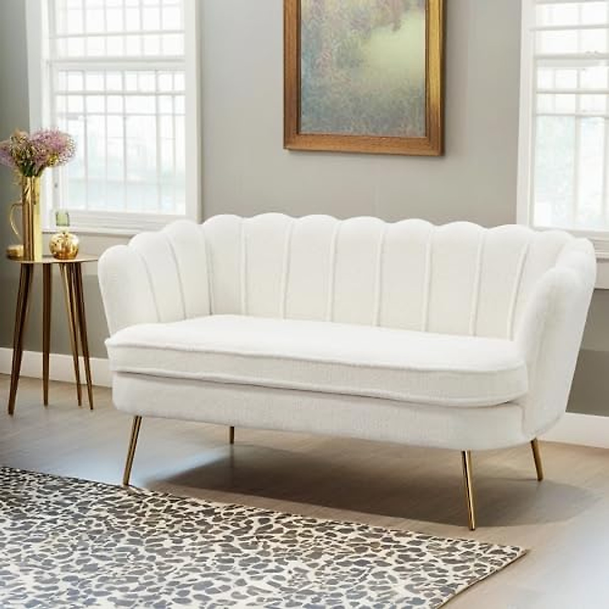 UFINEGO Curved Sofa Boucle Loveseat 59" Wide Modern Boucle Loveseat Upgrade Your Living Room with Our Curved Sofa - Featuring Gold Metal Legs and Full-Body Boucle Fabric, Ivory