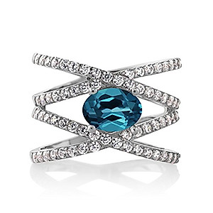 Gem Stone King 925 Sterling Silver Oval Gemstone Birthstone Criss Cross Engagement Ring | Oval 8X6MM Ring For Women | Available In Size 5, 6, 7, 8, 9