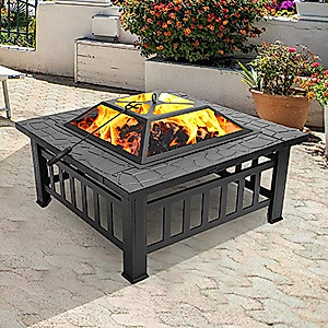 FCH 32" Metal Fire Pit Outdoor Backyard Patio Garden Square Stove Brazier with Charcoal Rack, Poker & Mesh Cover 32" L x 32" W x 17" H