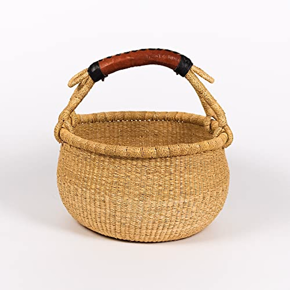 Bolga Zaare Market Basket, Handmade in Ghana by Women Artisans, Natural, Medium, 13"-15" Diameter x 8"-9" H, RED Handle (1 Basket)