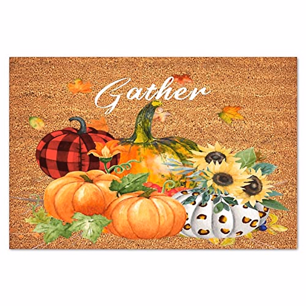 Entrance Mat Pumpkin Sunflower Maple Leaves Farmhouse Thanksgiving Funny Coir Doormat with Heavy Duty Fall Gather Coir Mat Outdoor - Front Door Entryway Mats Housewarming Gift 16x24in