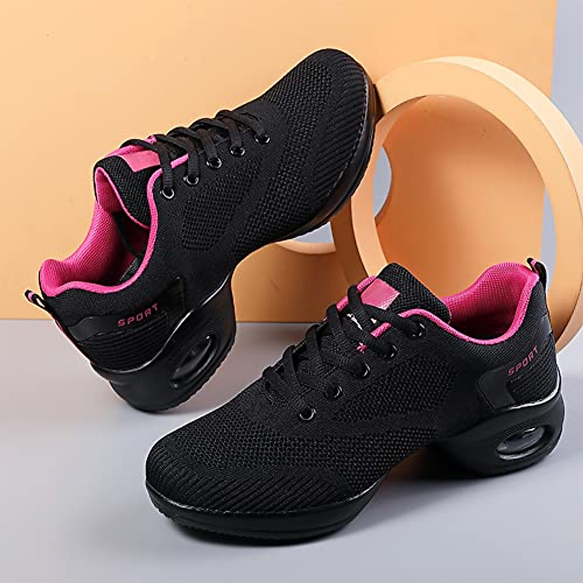 RUYBOZRY Women's Jazz Breathable Air Cushion Split Sole Athletic Walking Lace Up Dance Sneakers,2027WM-Black,US 6.5
