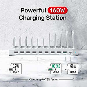 USB C PD 60W Charging Station with QC 3.0, Unitek 160W 10-Port USB Quick Charger Dock, Power Delivery Compatible with Laptop MacBook, Pixel, Upgraded Dividers