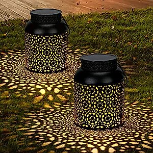 GolWof Solar Lanterns Outdoor Waterproof, 2 Pack Hanging Lanterns with Handles Decorative Metal Solar Powered Lights for Christmas Decoration, Backyard, Lawn, Garden, Patio, Party